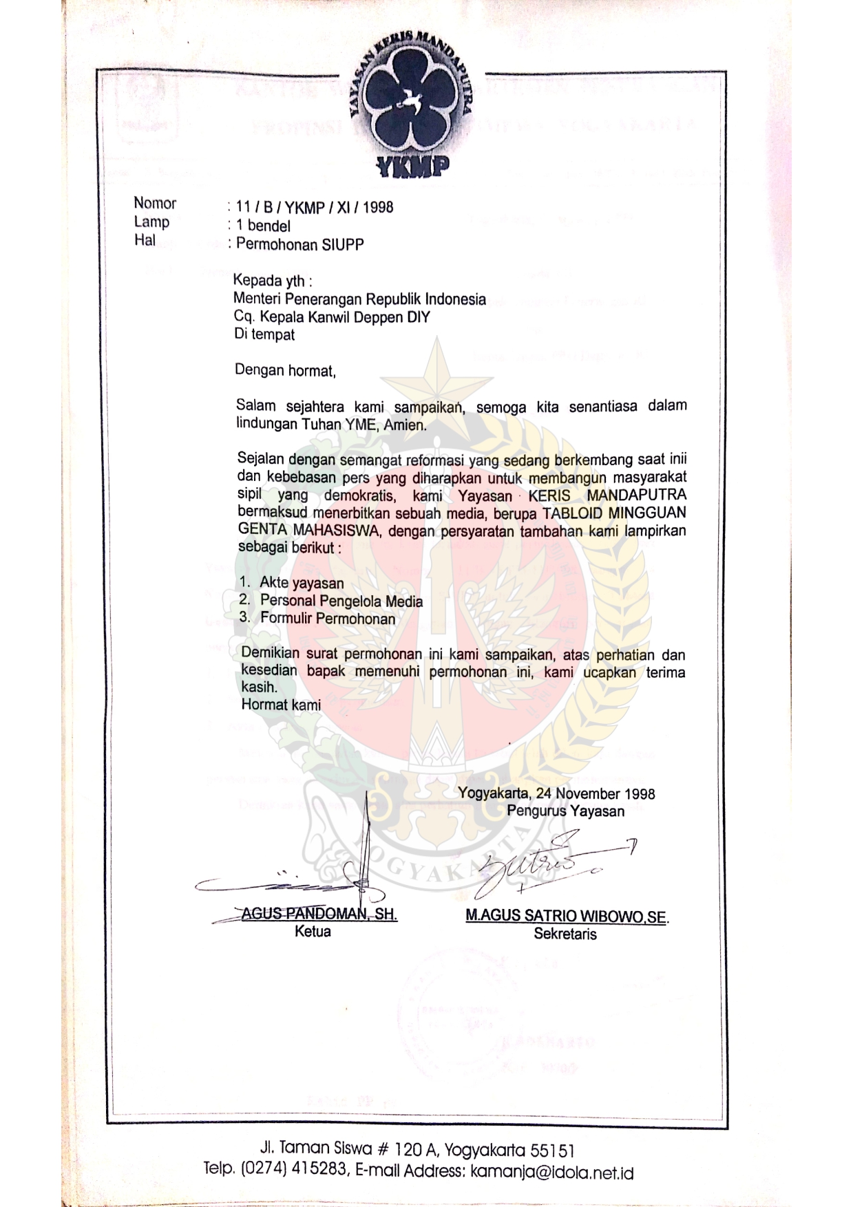 Berkas permohonan Surat Izin Usaha Penerbitan Pers dari Pengurus ...